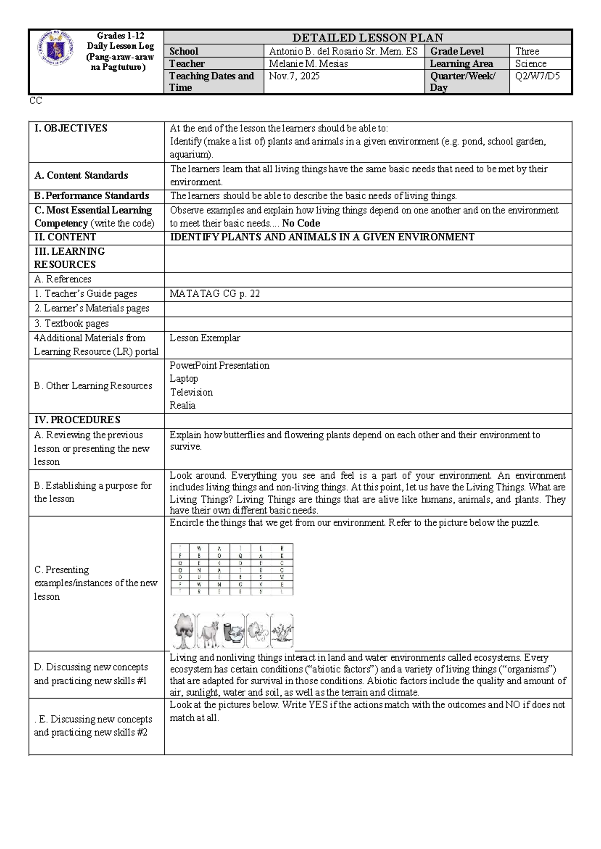 DLP - Science 3: Identifying Plants & Animals in Ecosystems - Studocu