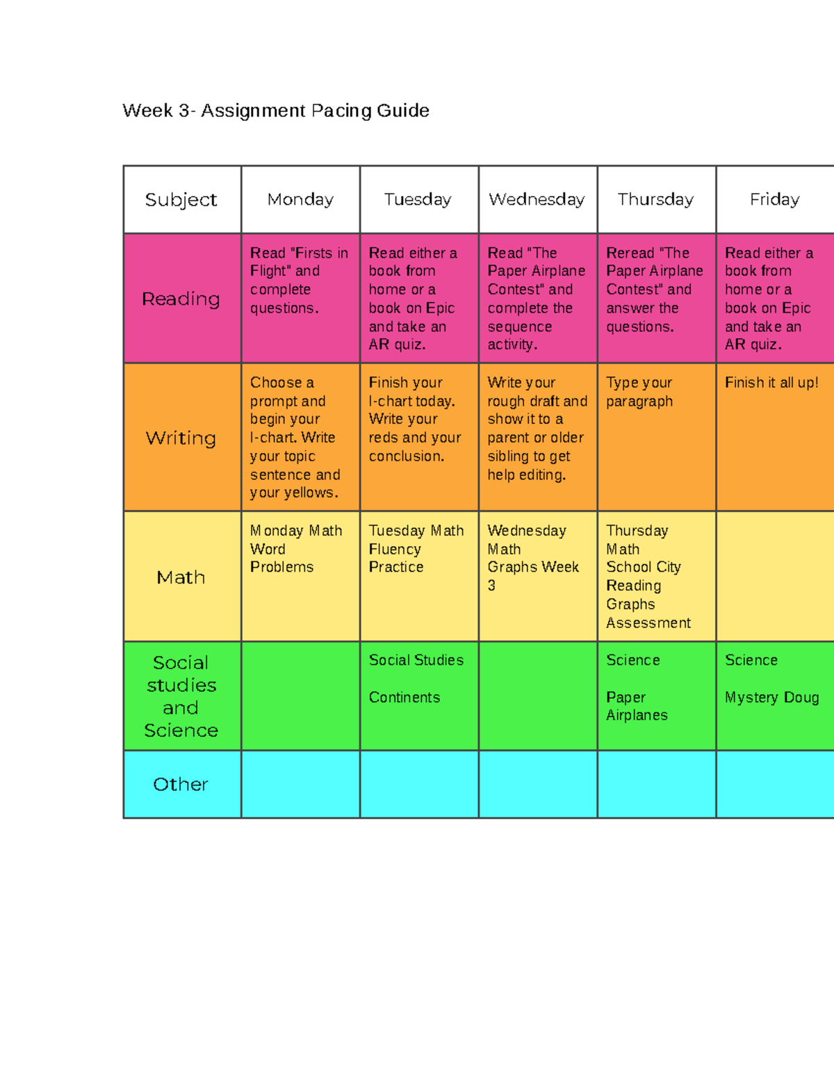 Week 3 - Assignment Pacing Guide for Reading & Math Activities - Studocu