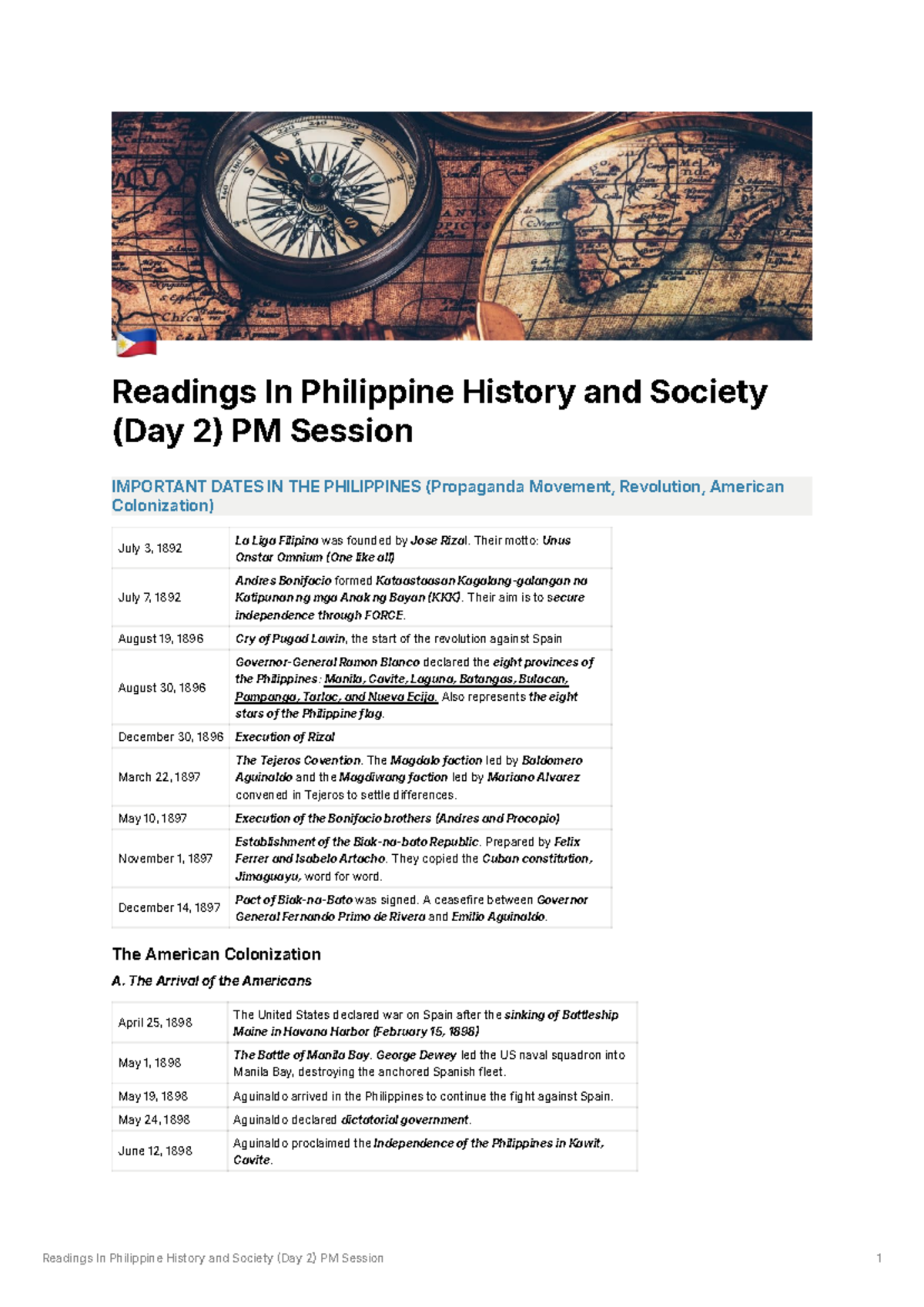 Readings in PH History (Day 2) PM Session: Key Dates & Events - Studocu