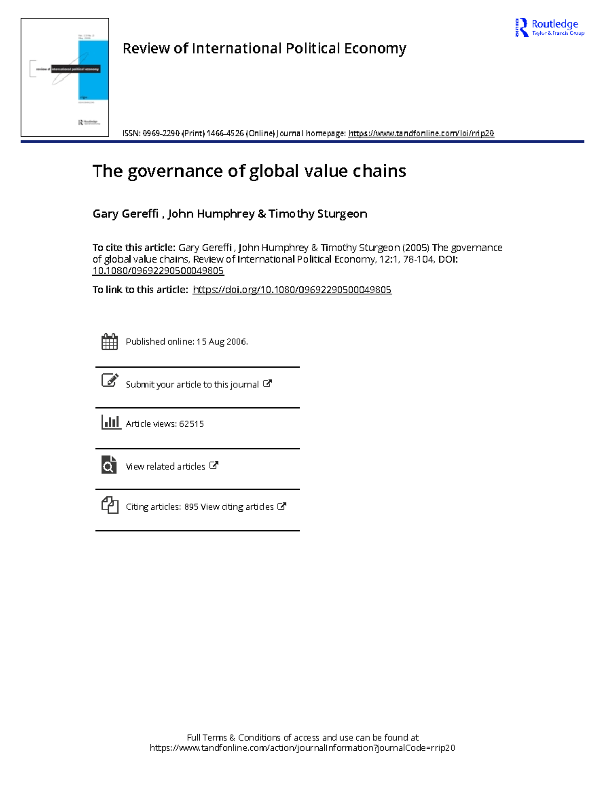 Governance Patterns in Global Value Chains: A Study by Gereffi et al ...