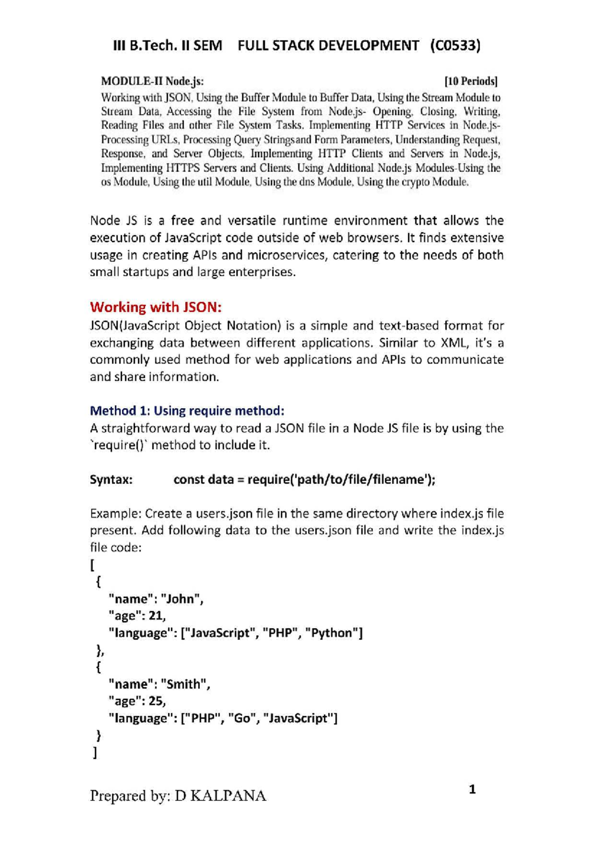 B.Tech. II SEM FULL STACK DEV (C0533) Node.js: JSON, Buffer, Stream ...