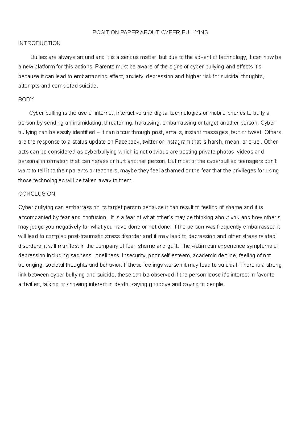 Cyber Bullying: Impacts, Awareness, and Prevention Strategies - Studocu