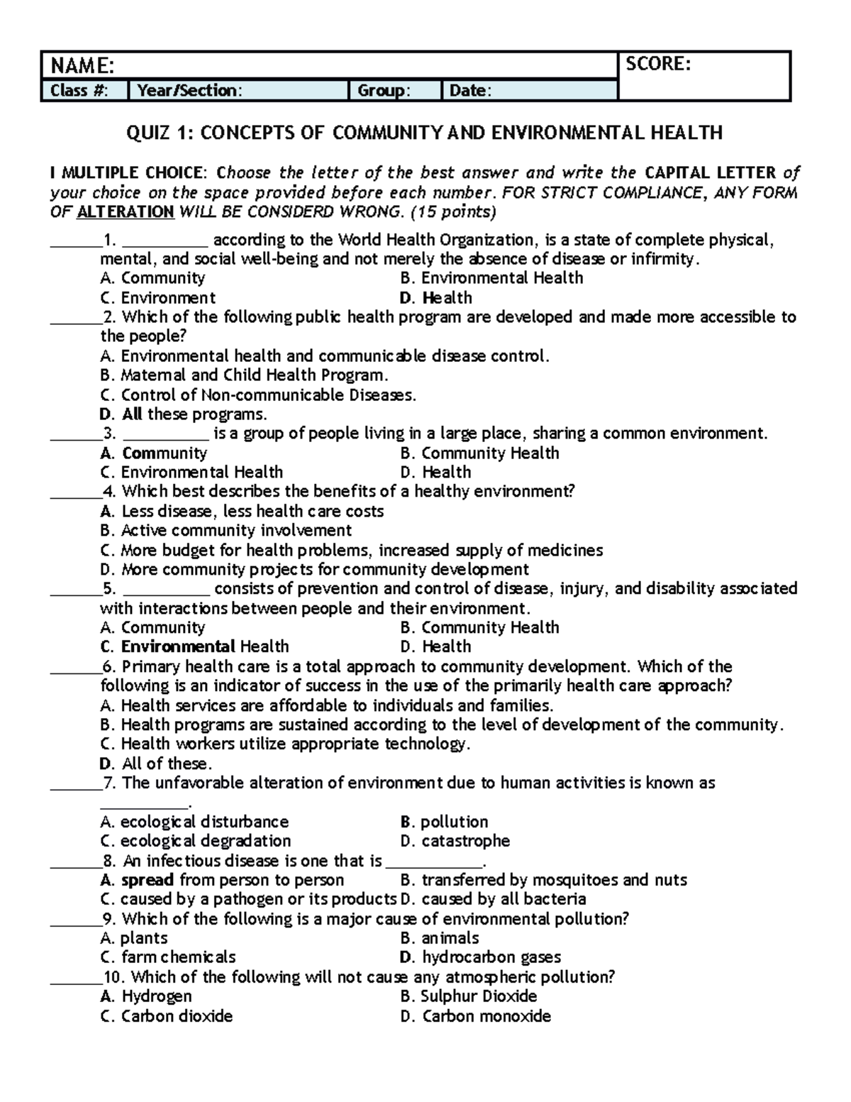 Health 9 Quiz 1: Key Concepts in Community Health and Environment - Studocu