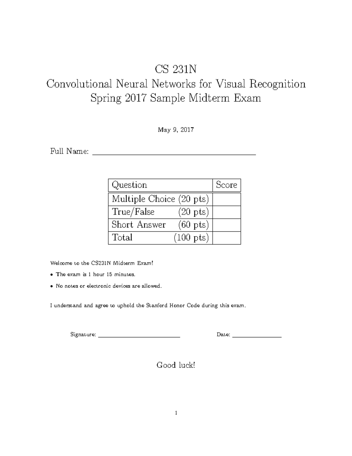 Stanford CS231n 2017 Sample Midterm Exam on Convolutional Neural ...