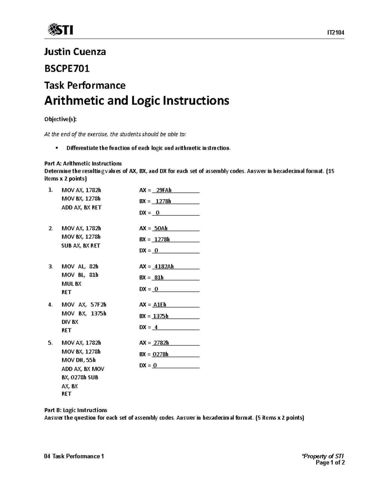 BSCPE - Task Performance: Arithmetic & Logic Instructions Guide - Studocu
