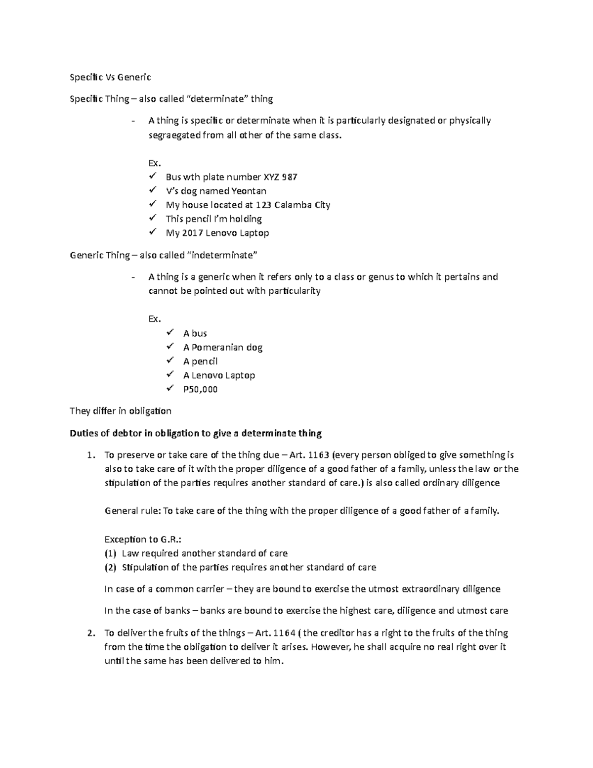 Specific Vs Generic: Concise Notes on Obligations and Duties - Studocu