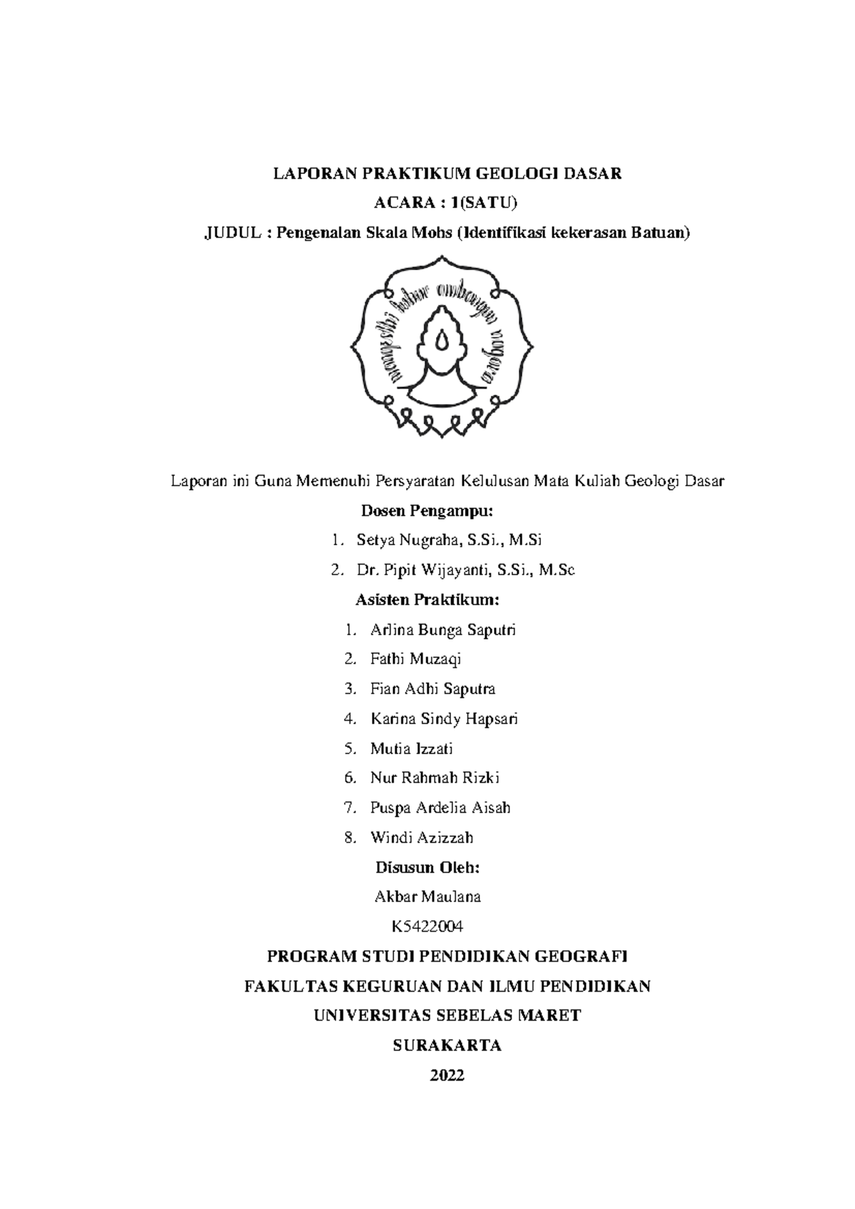 Laporan Praktikum Geologi Dasar: Pengenalan Skala Mohs 2022 - Studocu