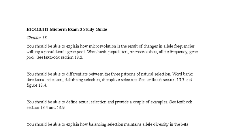 BIO110/111 Midterm Exam 3 Study Guide: Microevolution & Speciation ...