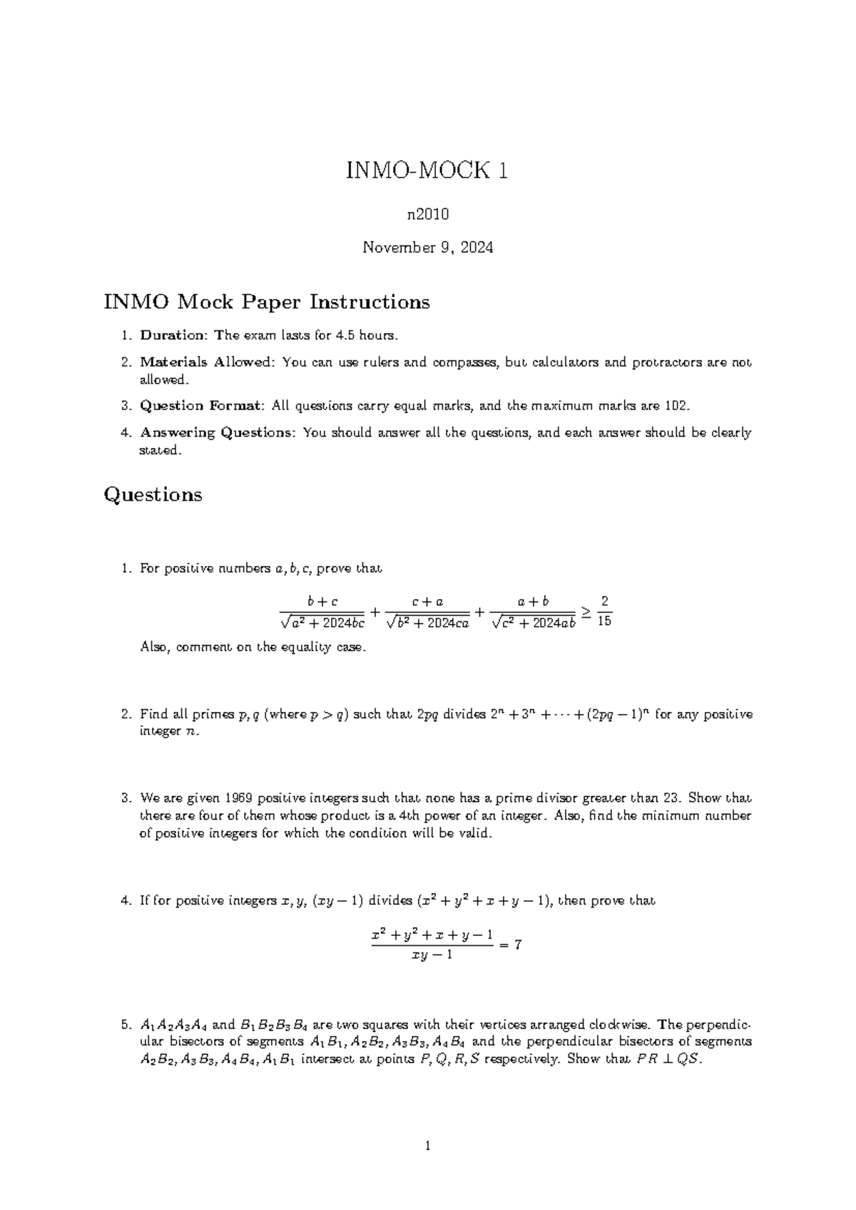 INMO Mock Exam 1 - Instructions and Questions for Nov 2024 - Studocu