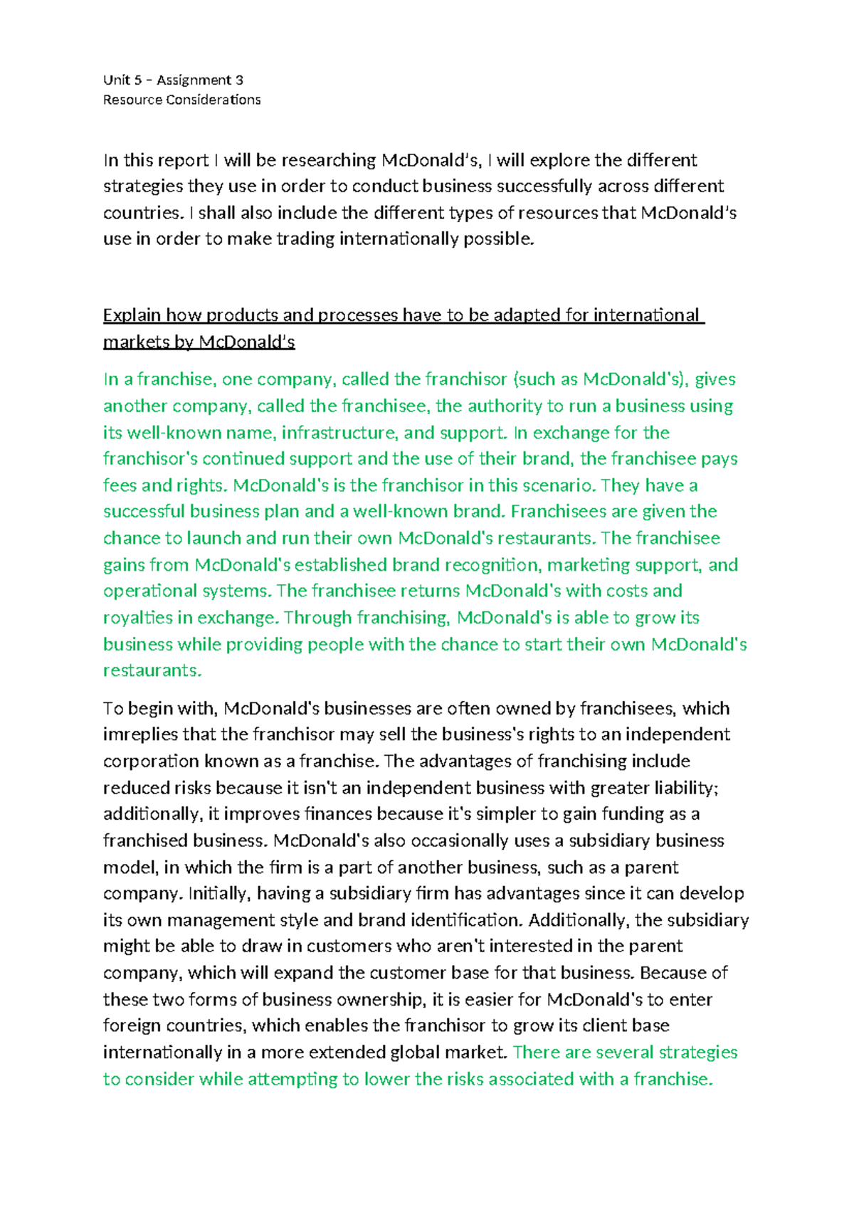 Unit 5 Assignment 3: Strategies & Resources of McDonald's ...
