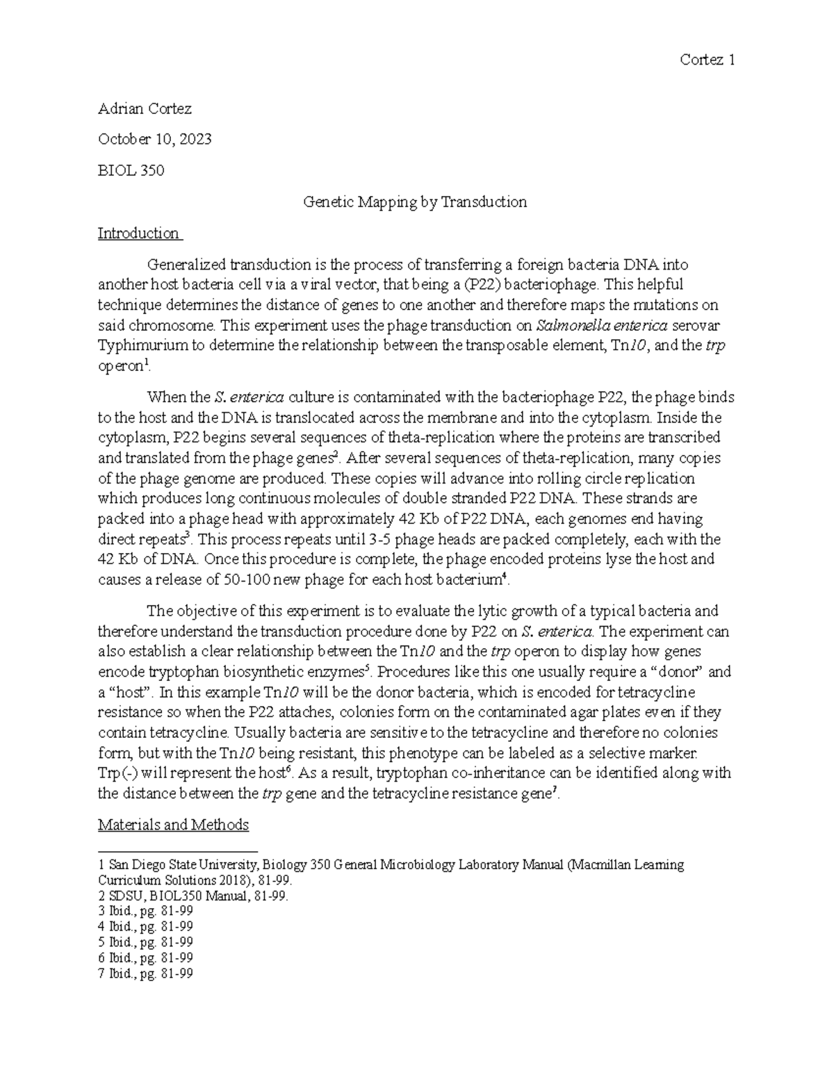 BIOL 350 Experiment 7: Lab Report on Genetic Mapping via Transduction ...