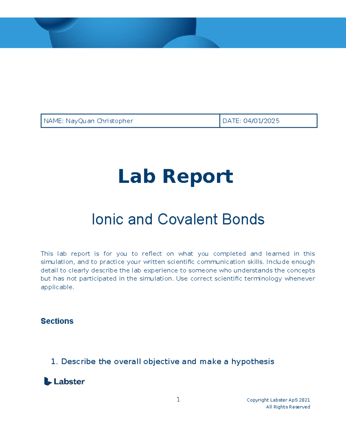 Lab Report: Ionic & Covalent Bonds Analysis (Course 21) - Studocu