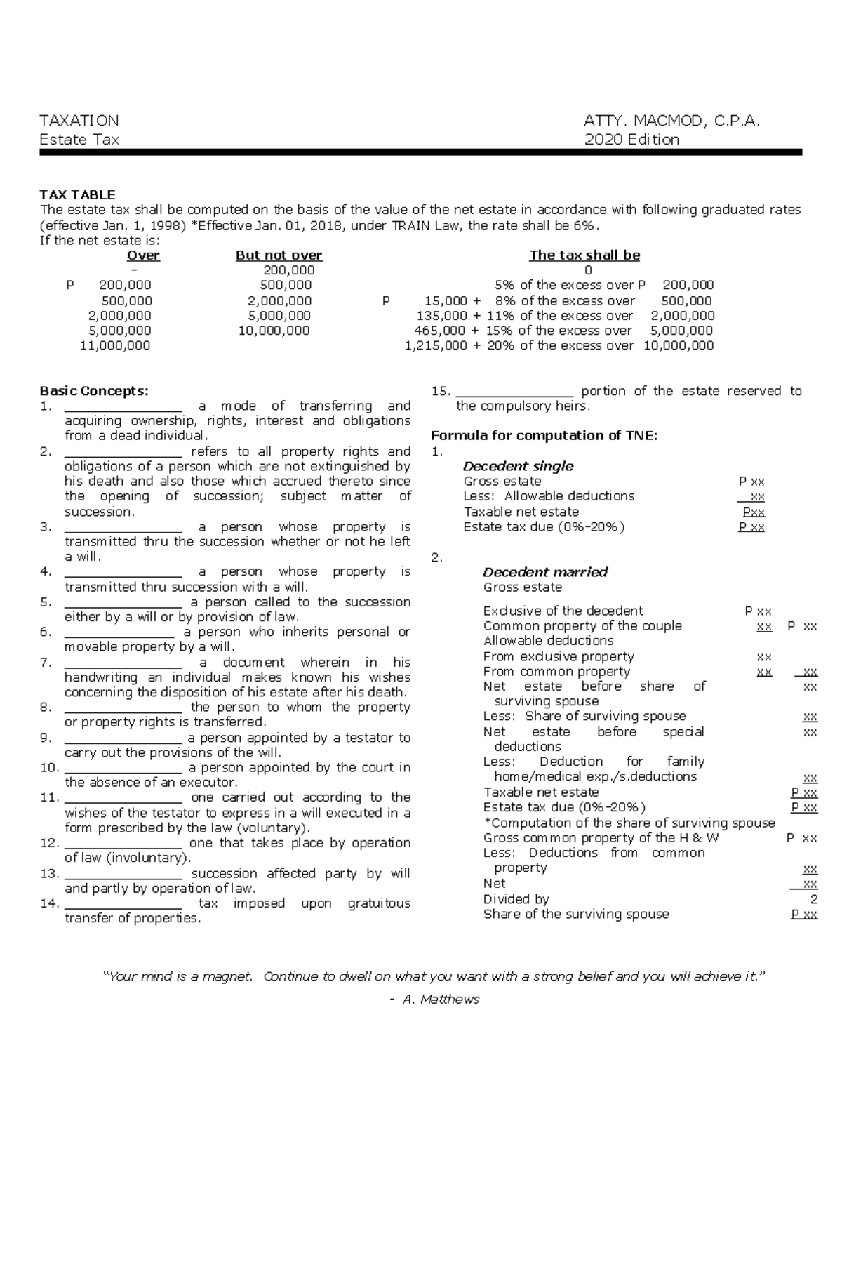 TAXATION Estate Tax Guide: ATTY. MACMOD, C.P.A. 2020 Edition - Studocu