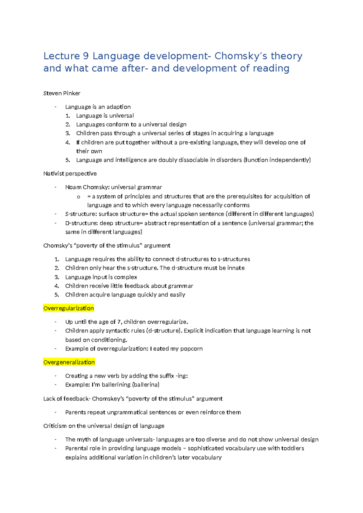Lecture 9 & 10 Summary: Language Theory & Cognitive Development in ...