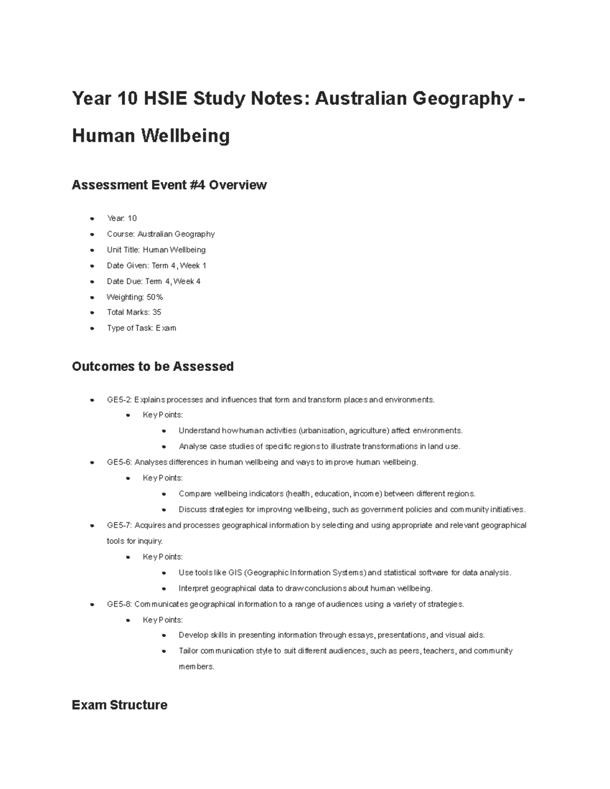 Year 10 HSIE Exam Notes: Australian Geography Human Wellbeing - Studocu