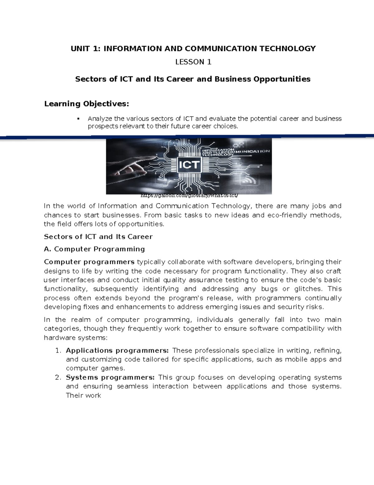 Sectors of ICT: Career Prospects & Trends (ICT 101) - Studocu