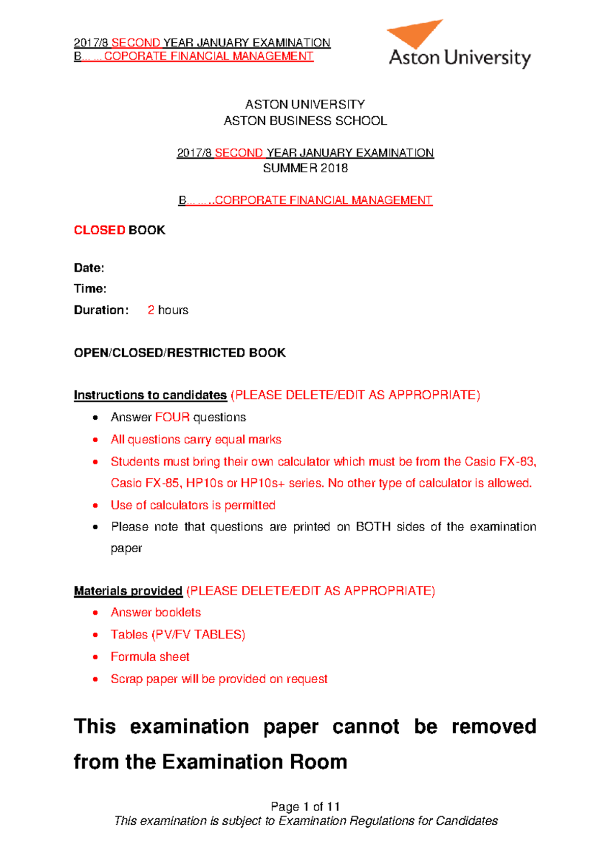 Corporate Financial Management 2017/8 Exam Paper - January Finals - Studocu