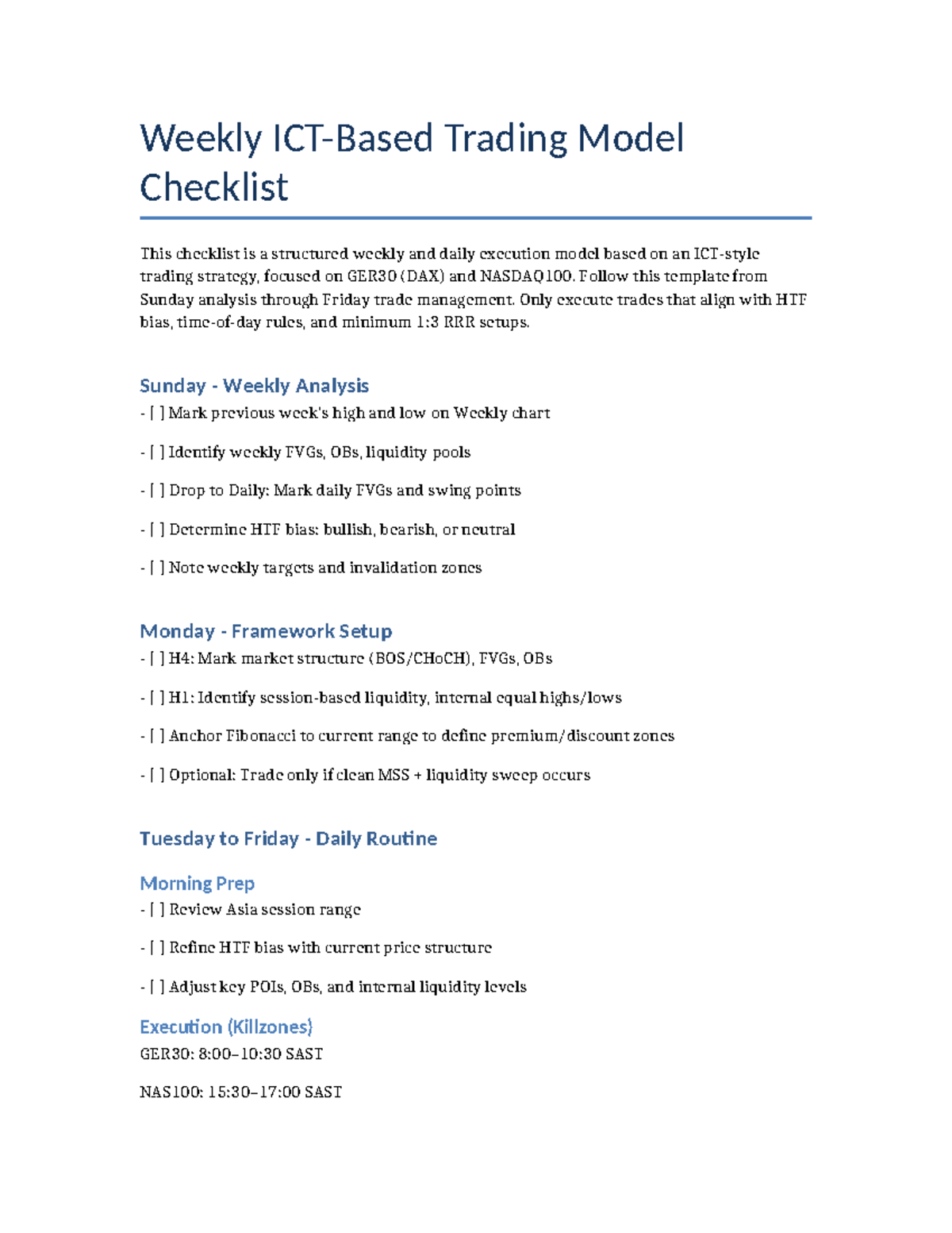 ICT Trading Model Checklist: Weekly & Daily Execution for GER30 ...