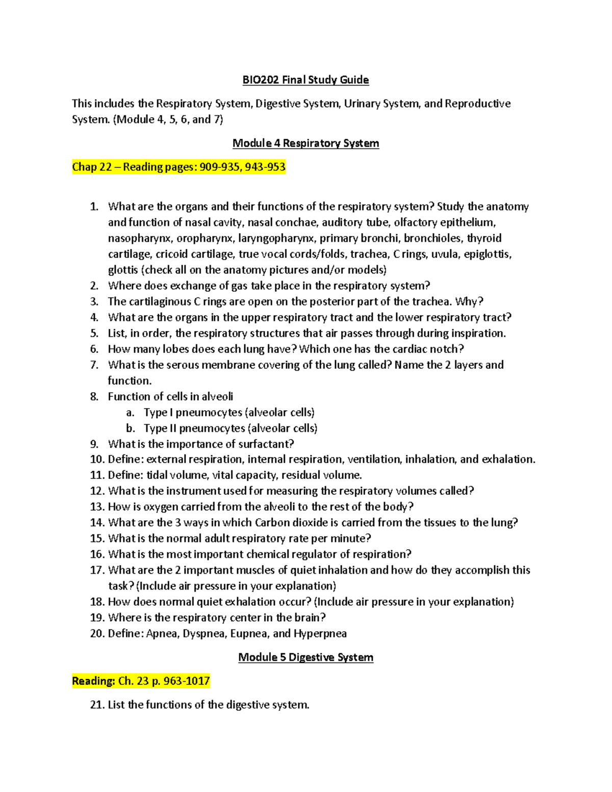 BIO 202 Final Exam Study Guide: Resp., Digestive, Urinary, & Repro ...