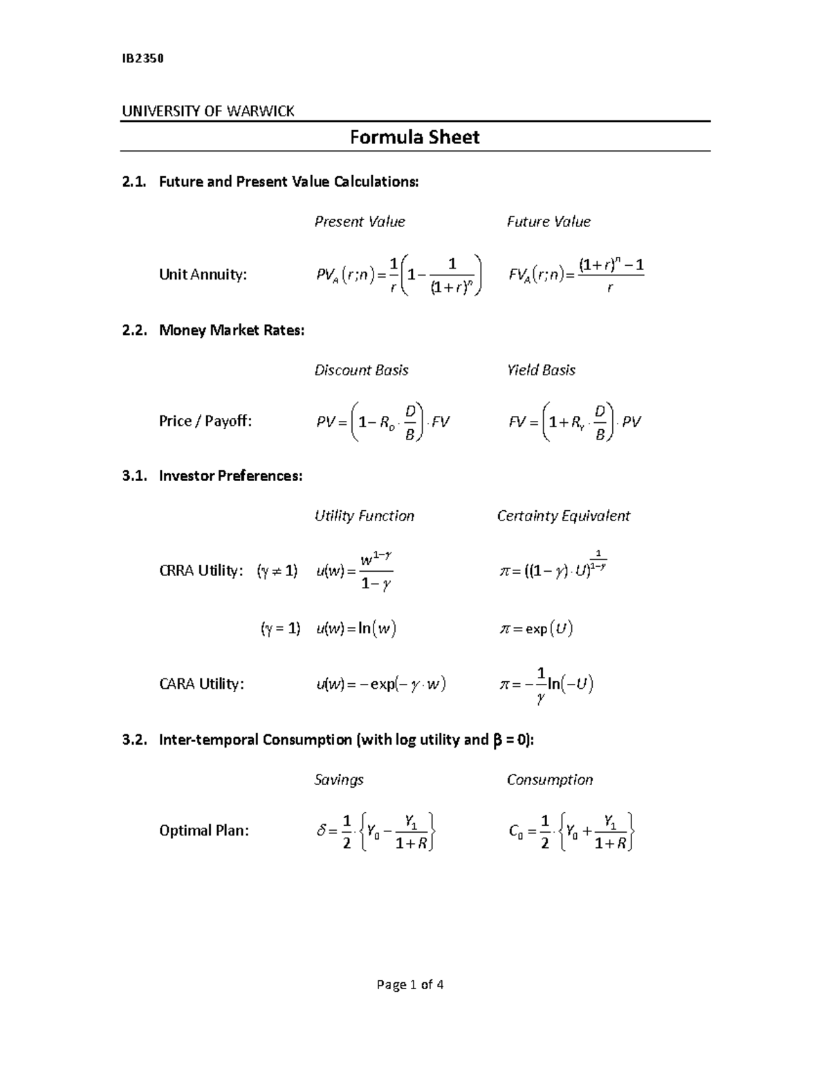Formula Sheet for Financial Calculations - University of Warwick - Studocu