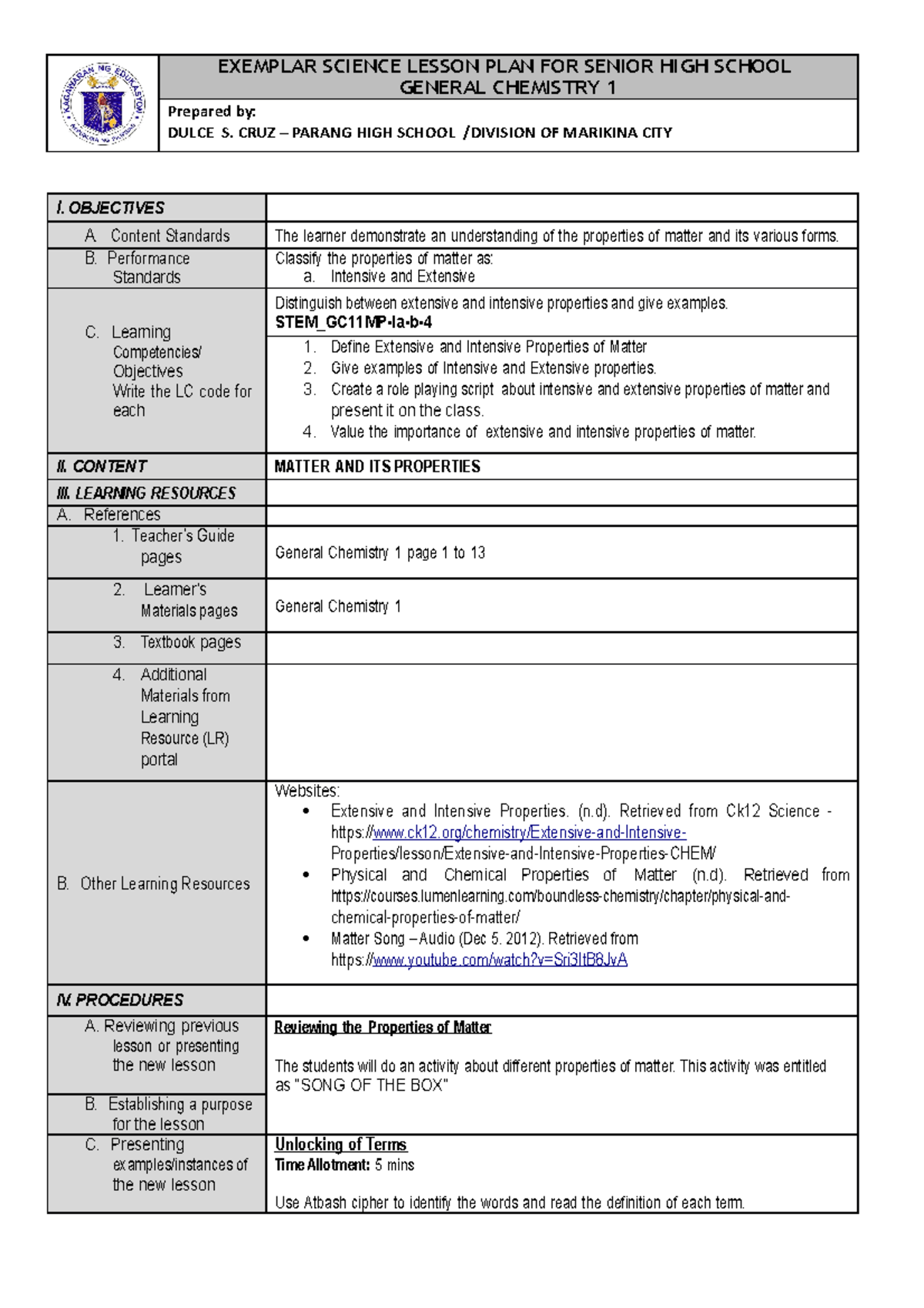 Exemplar Lesson Plan for SHS General Chemistry 1: Properties of Matter ...
