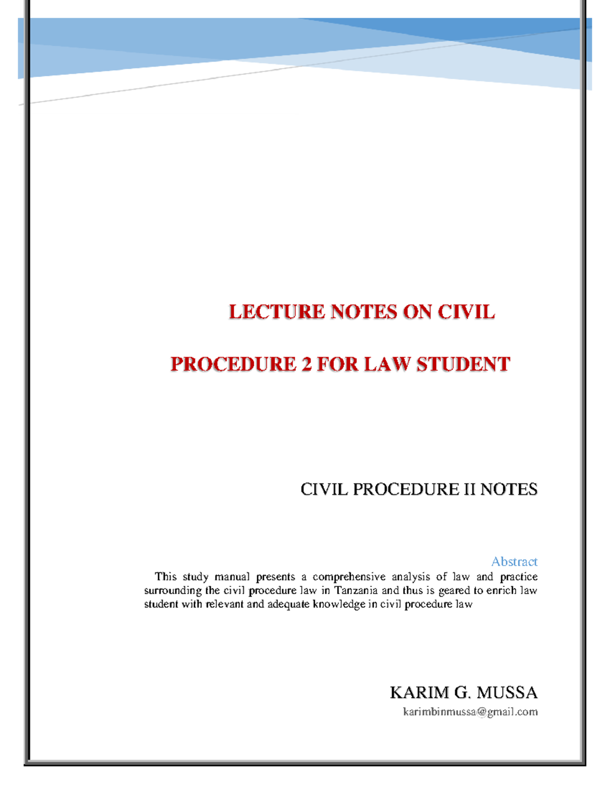 Lecture Notes on Civil Procedure II (LAW 201) by Karim Mussa - Studocu