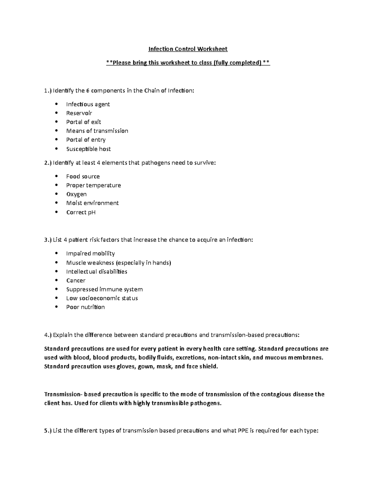 Infection Control Worksheet: Key Concepts & Patient Precautions - Studocu