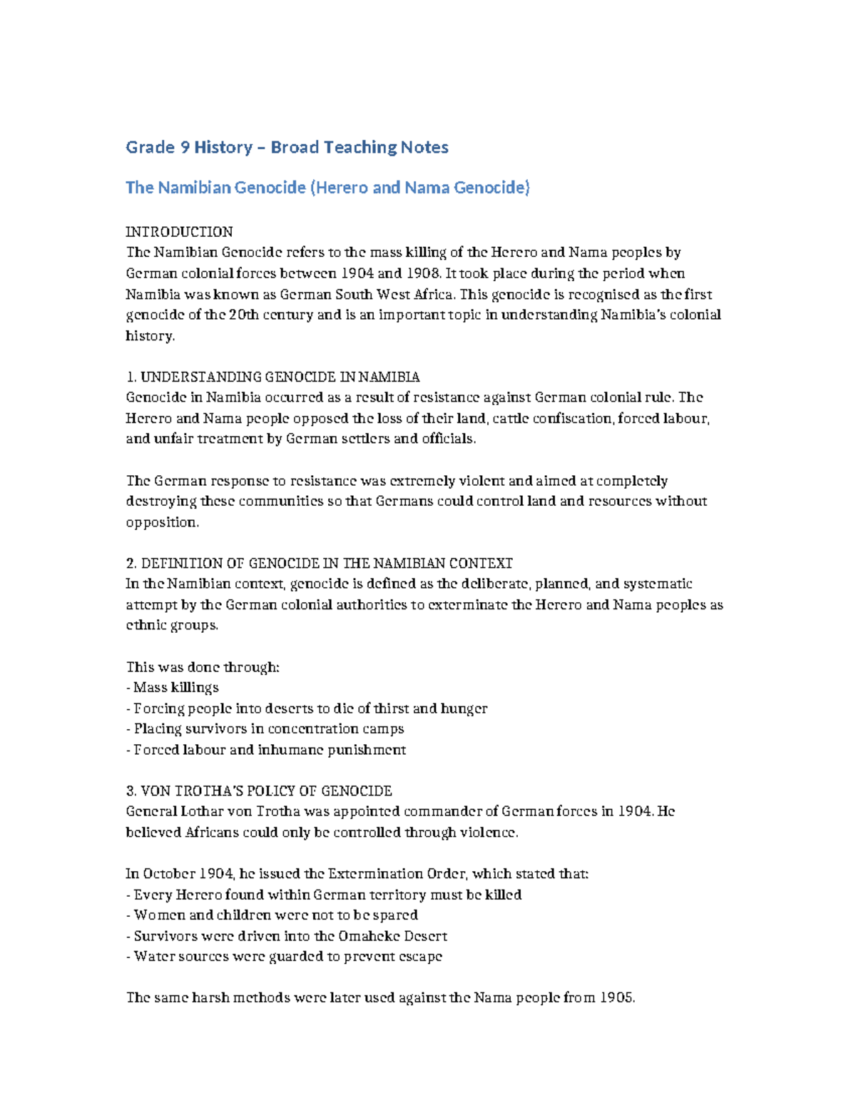 Grade 9 History Teaching Notes: The Namibian Genocide Overview - Studocu