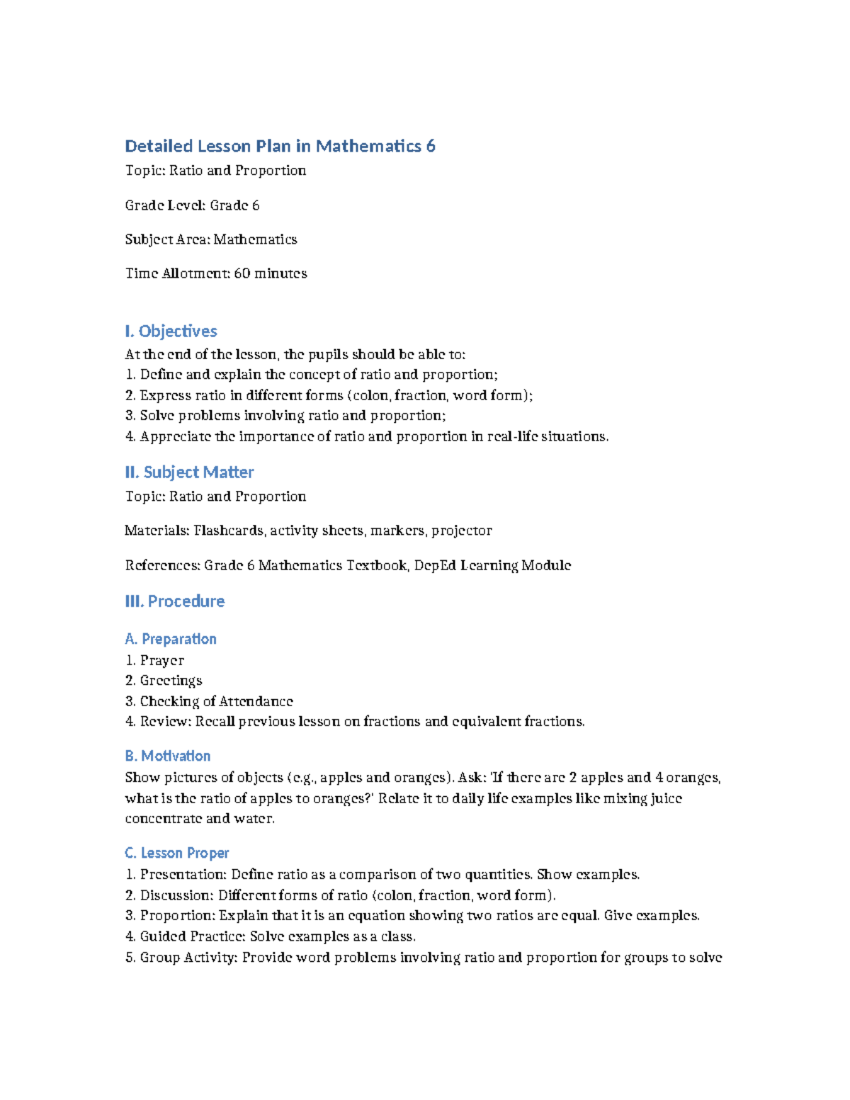 Detailed Lesson Plan: Ratio & Proportion (Math 6) - Studocu