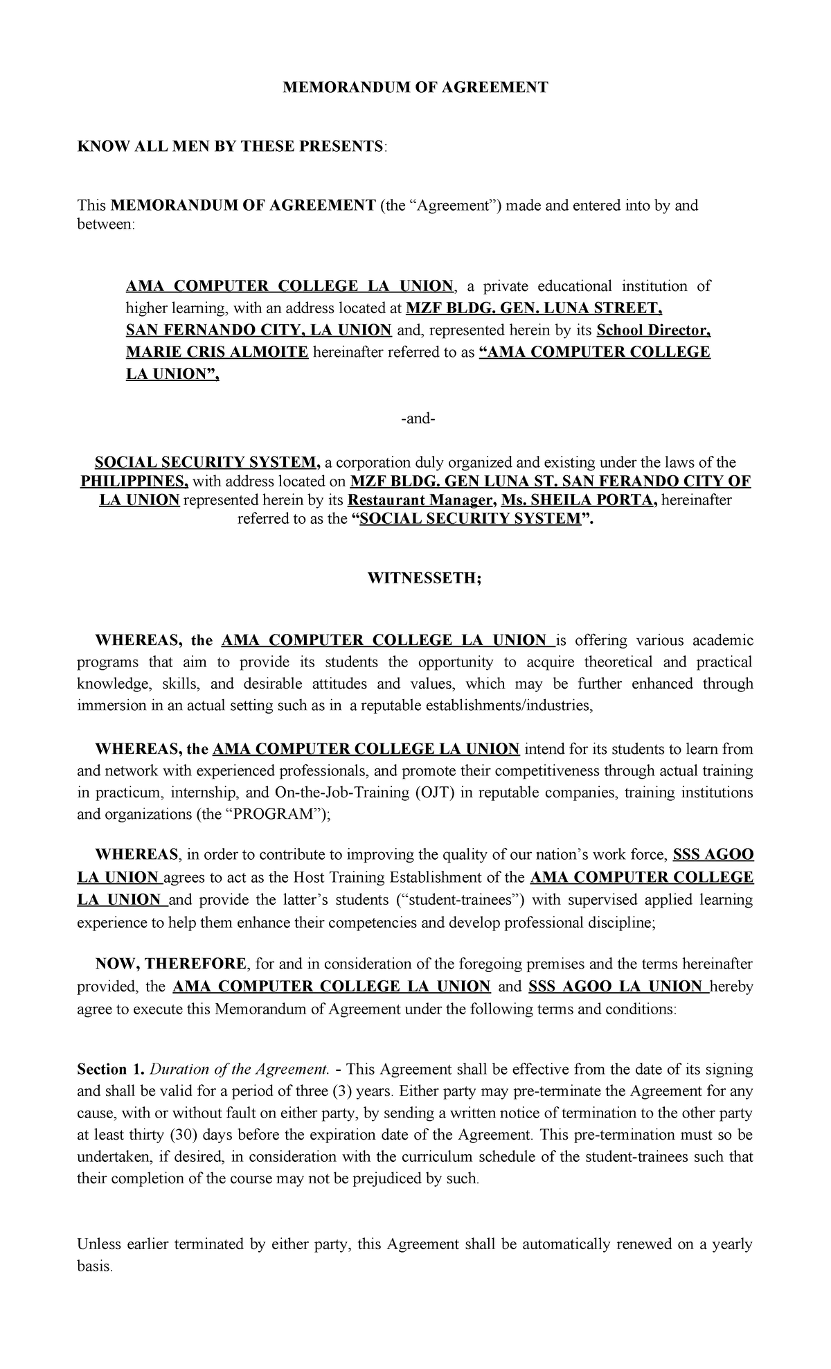 MOA OJT Agreement Sample for AMA Computer College LA Union - Studocu