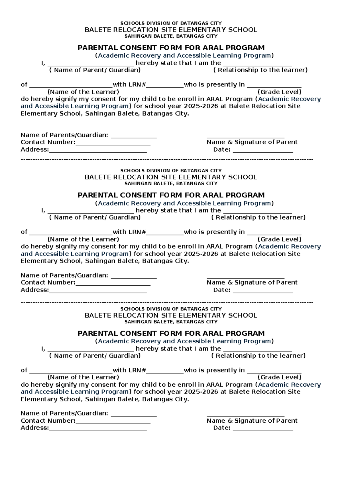 ARAL Program Parental Consent Form - Balete Relocation Site - Studocu