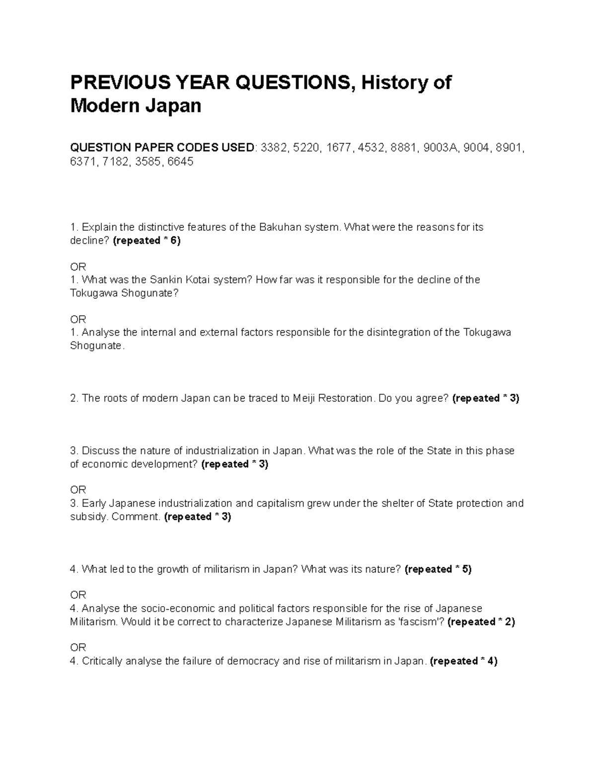 PYQ: History of Modern Japan - Key Questions & Analysis - Studocu