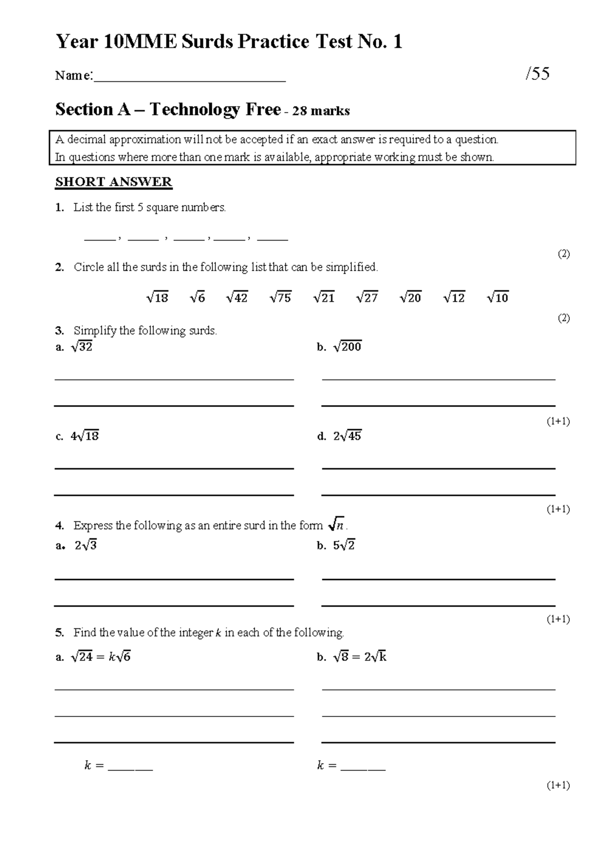 Year 10MME Surds Practice Test 1 - Detailed Solutions and Answers - Studocu