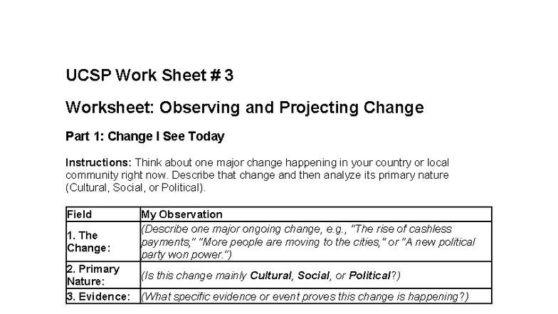 UCSP Work Sheet 3: Analyzing Change in Society and Culture - Studocu