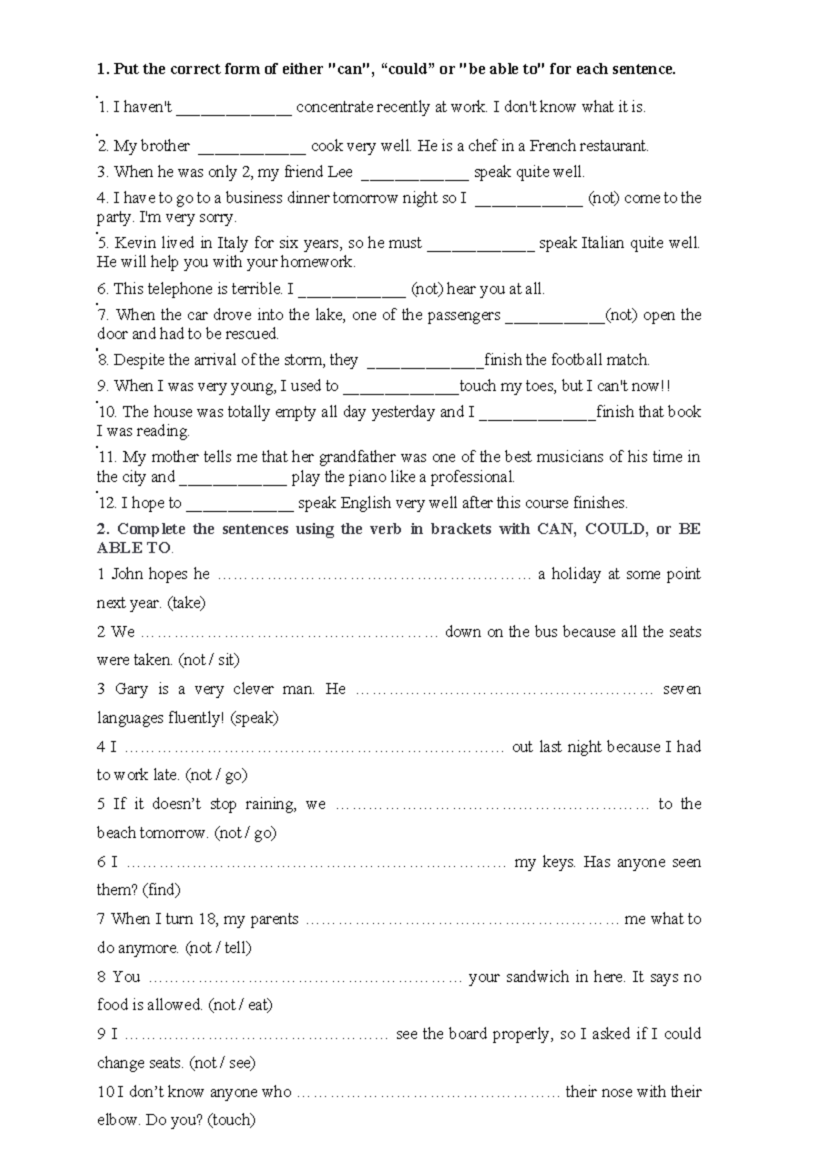 Able to Can - Exercises for Practicing Modal Verbs - Studocu