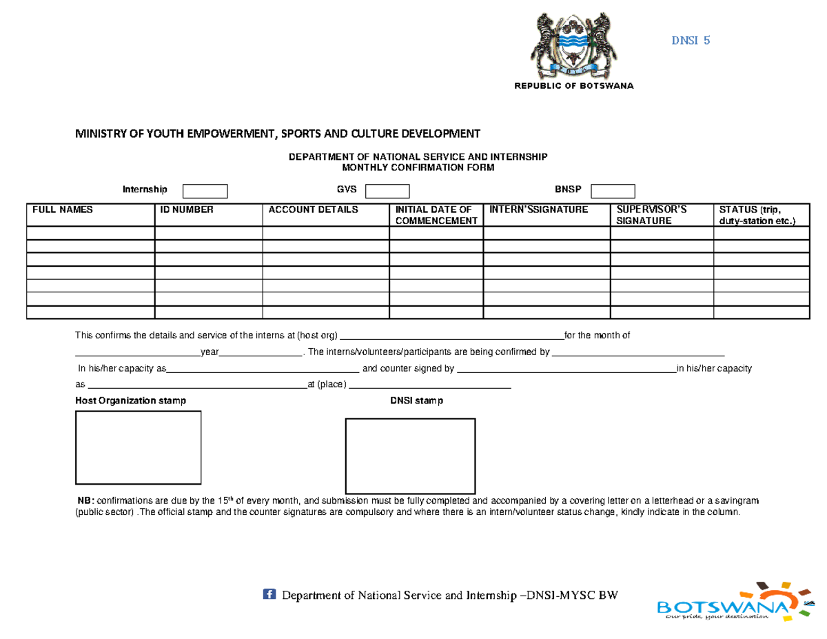 DNSI Monthly Confirmation Form for Interns - Botswana Ministry - Studocu