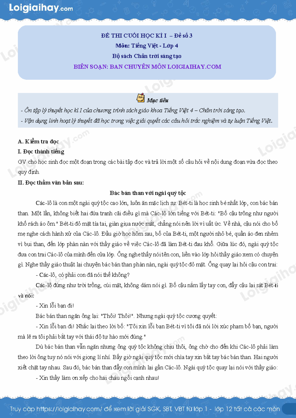 Đề Thi Cuối Học Kỳ I - Tiếng Việt 4 - Chân Trời Sáng Tạo - Đề Số 3 ...