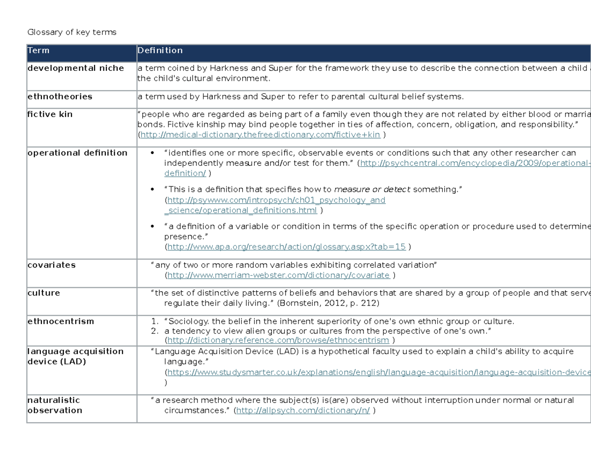 Glossary of Key Terms in Developmental Psychology (PSY 101) - Studocu