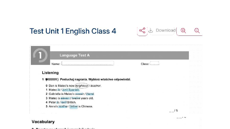 English Class 4 Test Unit 1: Language Assessment and Listening - Studocu