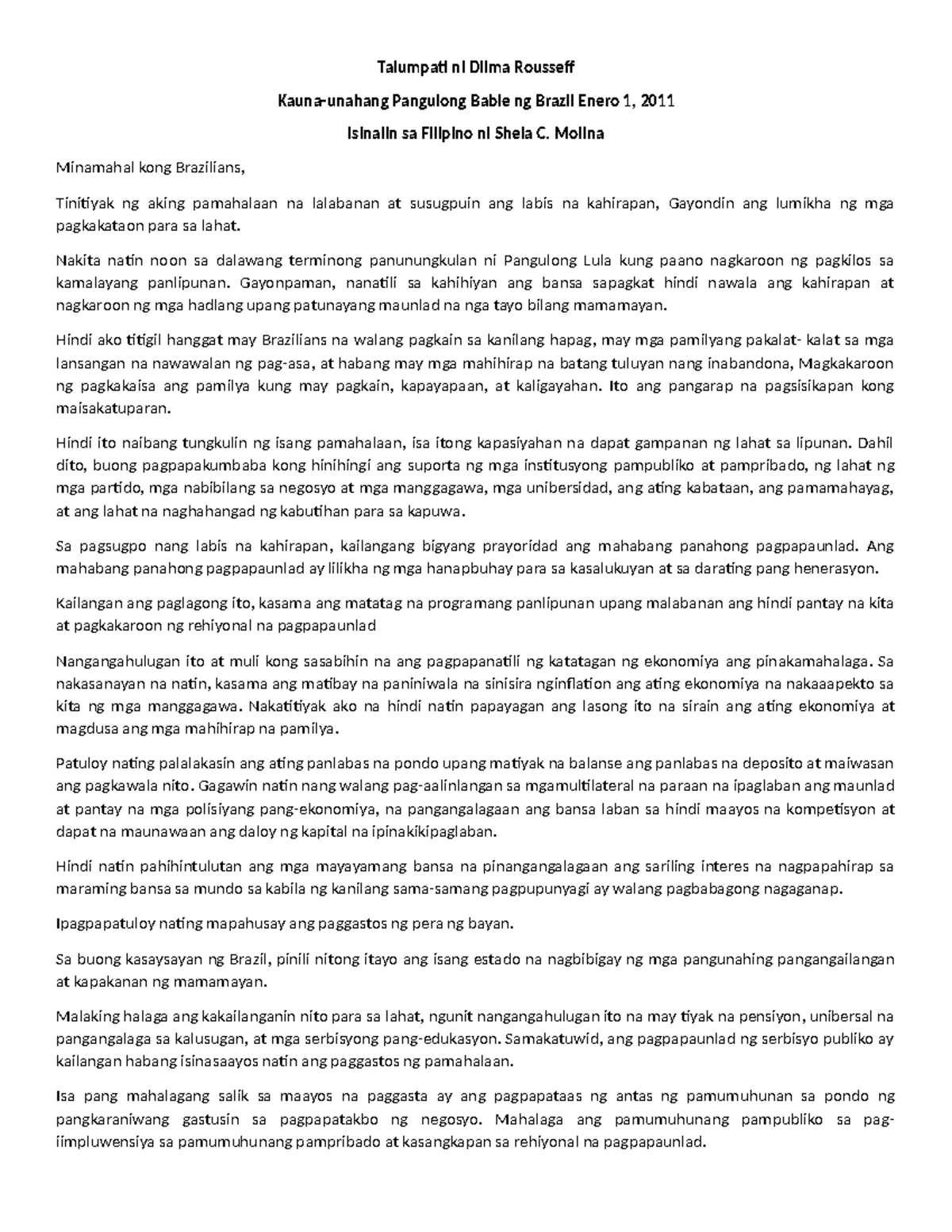 Talumpati ni Dilma Rousseff: Pagsisikap Laban sa Kahirapan - Studocu