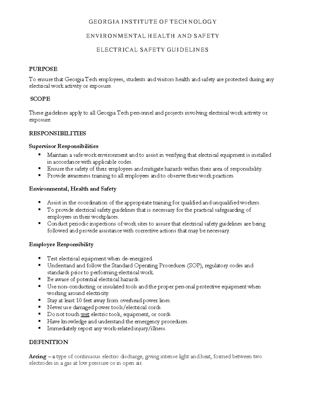 Georgia Tech EHS Electrical Safety Guidelines: Protecting Personnel and ...