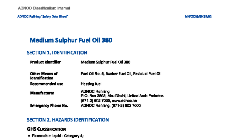 ADNOC Refining FO MSDS: Medium Sulphur Fuel Oil 380 Safety Data - Studocu