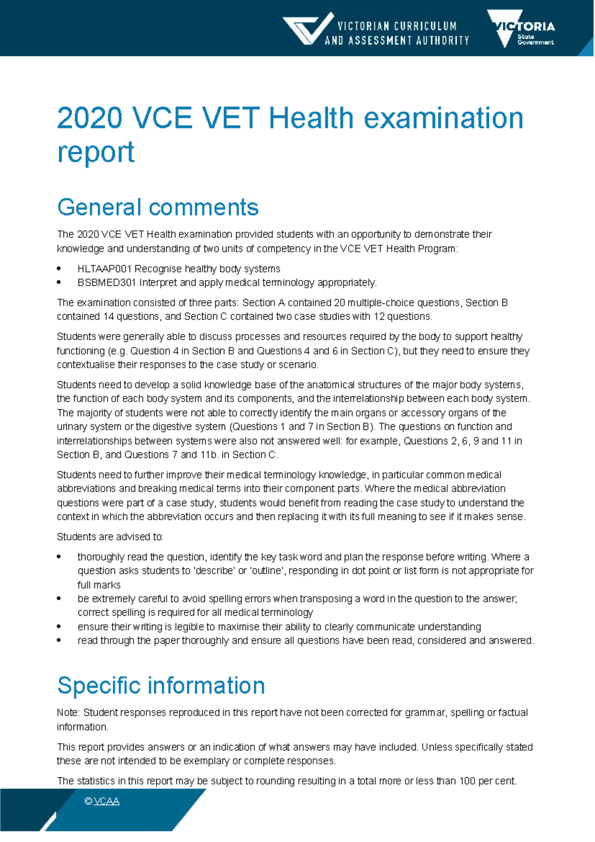 2020 VCE VET Health Exam Report: Key Insights and Student Performance ...