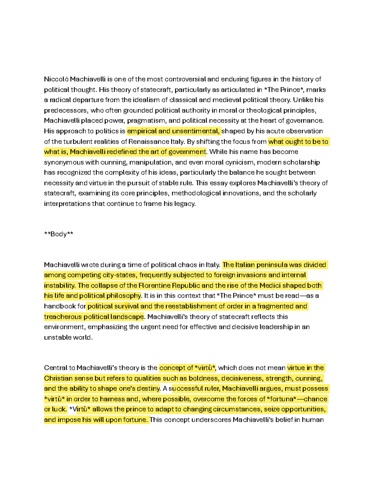 Statecraft: Analyzing Machiavelli's Political Theory and Legacy - Studocu