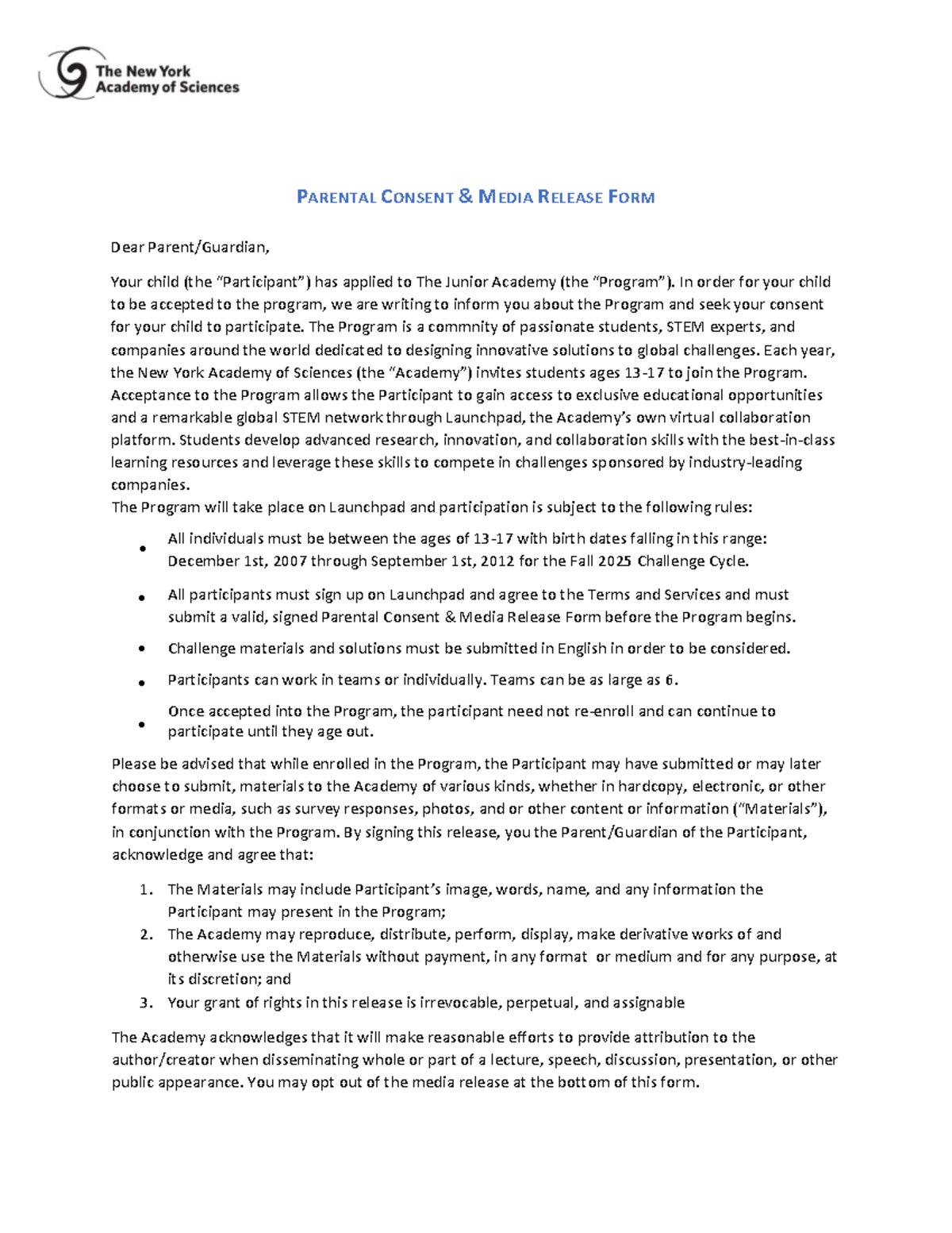 Fall 2025 Parental Consent Media Release Form for The Junior Academy ...