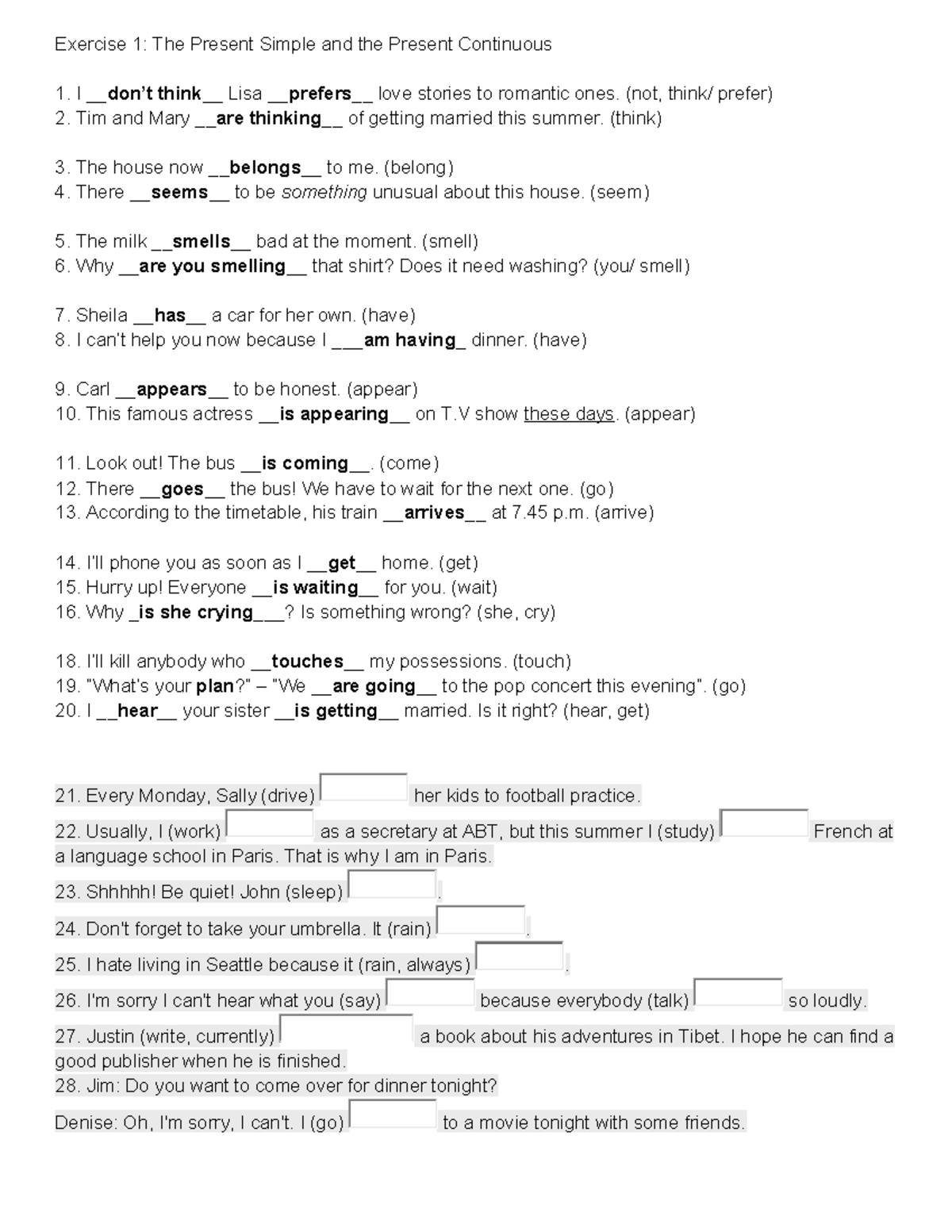 Exercise 1 & 2: Present Simple vs Present Continuous - Studocu