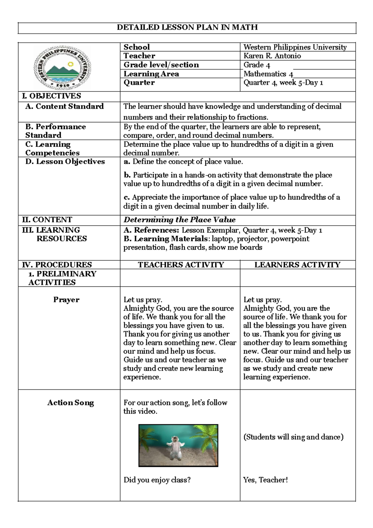 Detailed Lesson Plan in Math 4: Understanding Place Value - Studocu