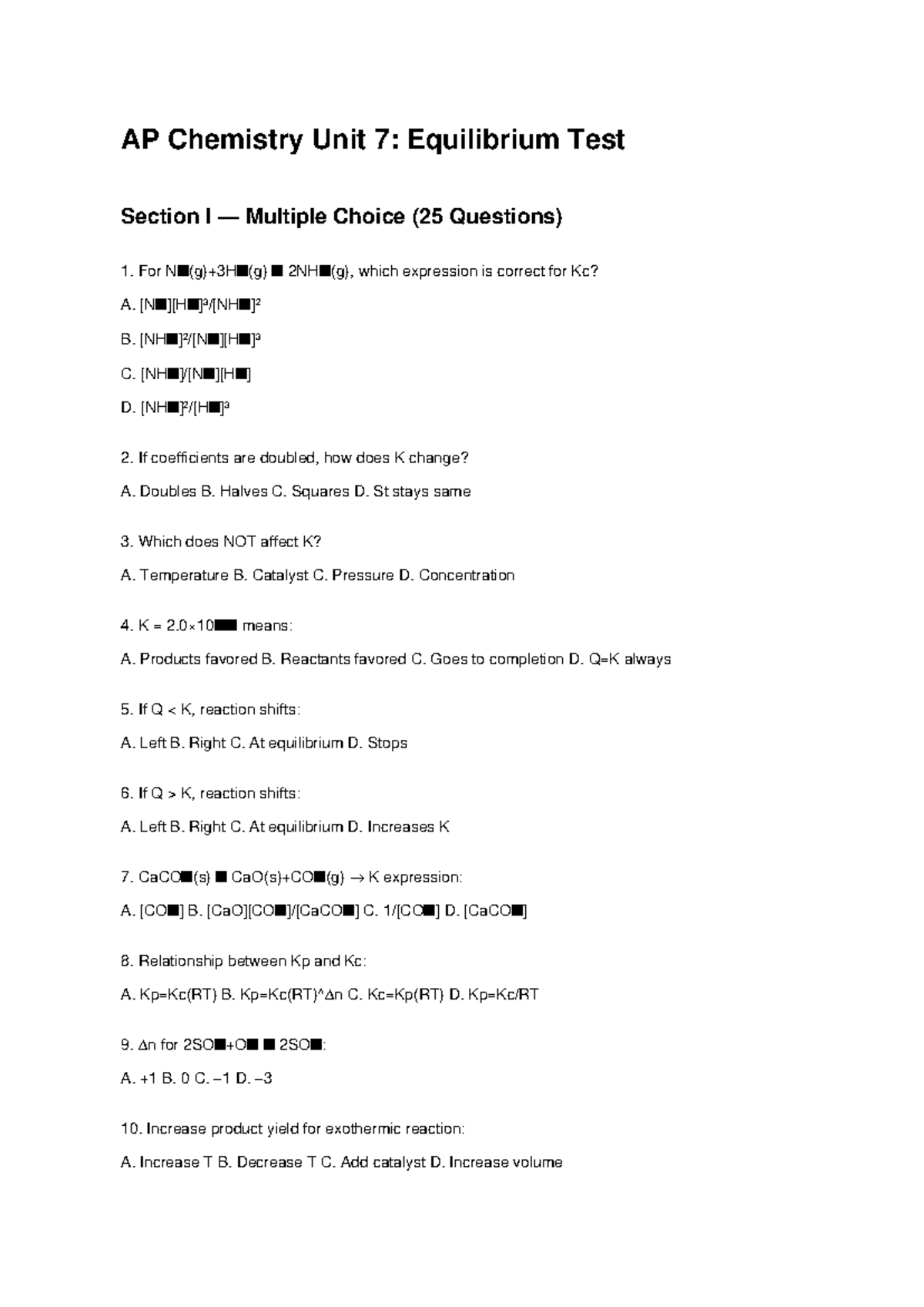 AP Chem Unit 7: Equilibrium Test MC Questions and Answers - Studocu