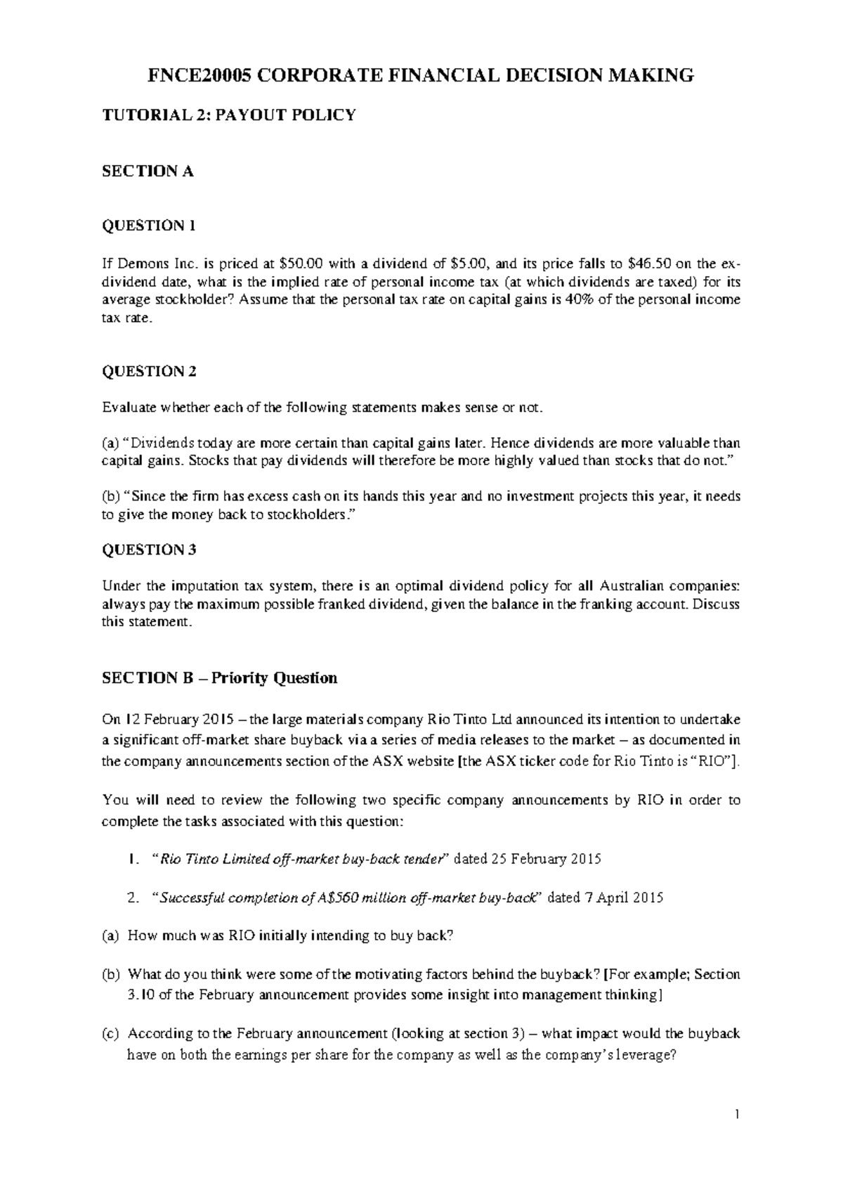 FNCE20005 Tute 2 2024 - Payout Policy Questions and Analysis - Studocu