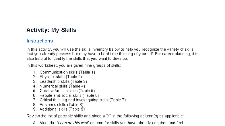 Activity: My Skills Inventory - Assignment - Studocu